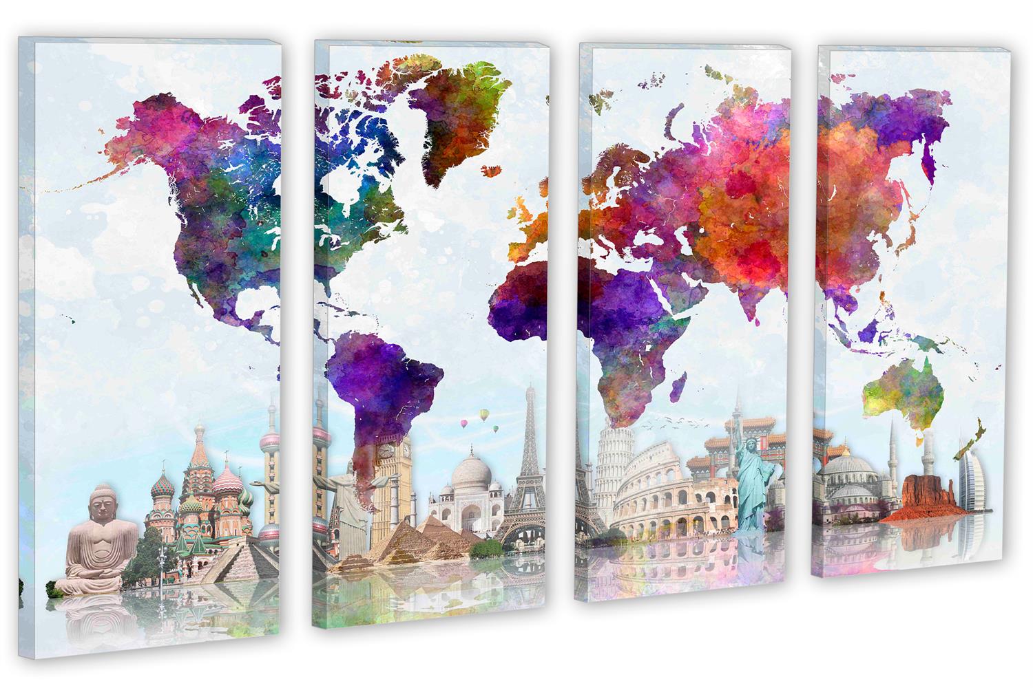 Colorful Travel The World Map Canvas Print - 4 Panel Split Wall Art ...