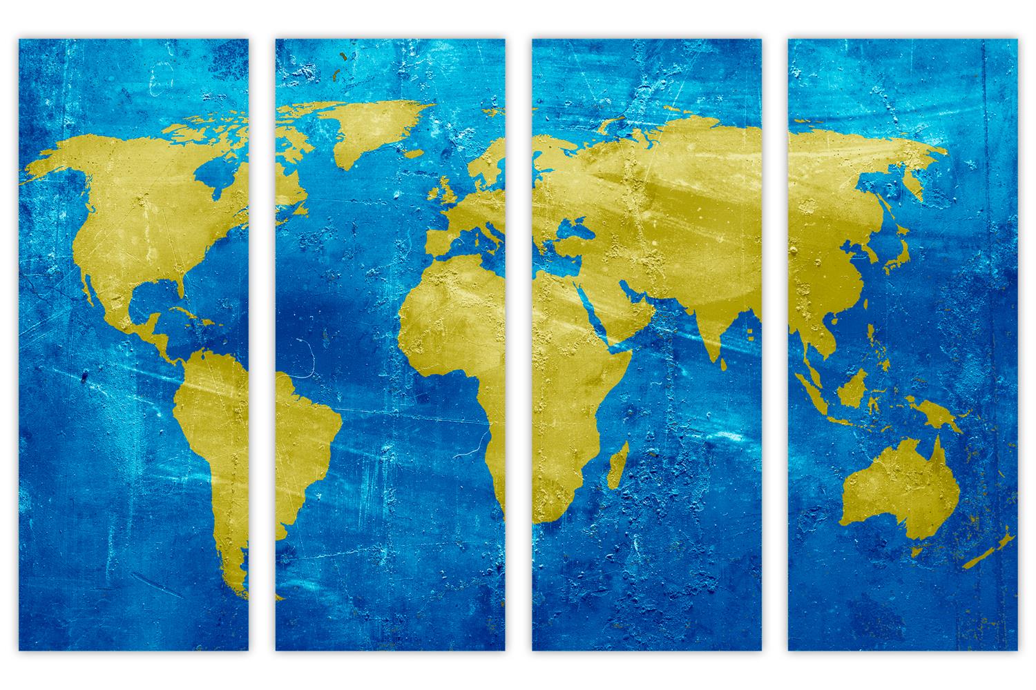 Blue & Yellow World Map Canvas Print. 4 Panel Split Wall Art for ...
