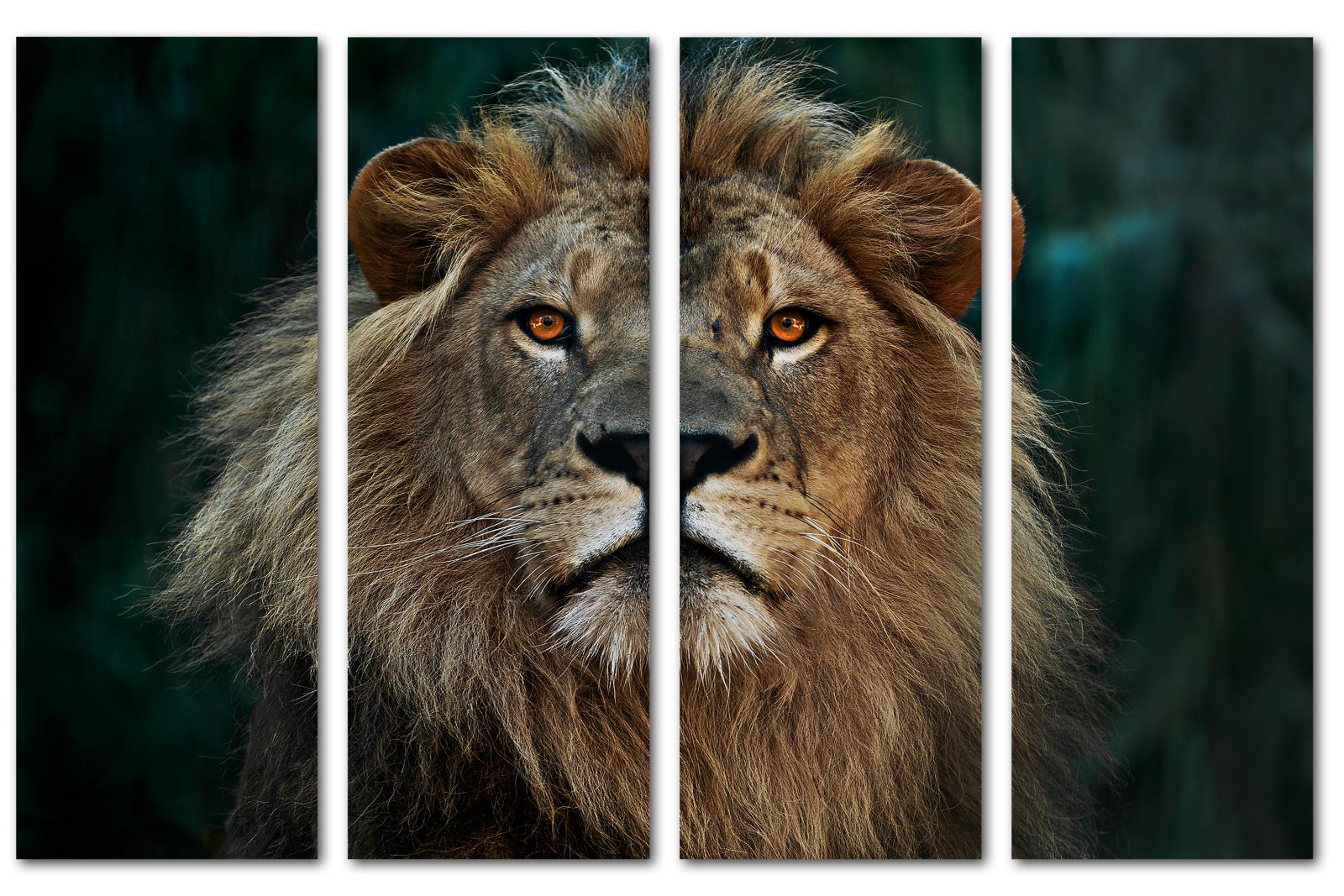 Lion Portrait Wall Art Canvas Print 4 Panel Split Lion King of jungle ...