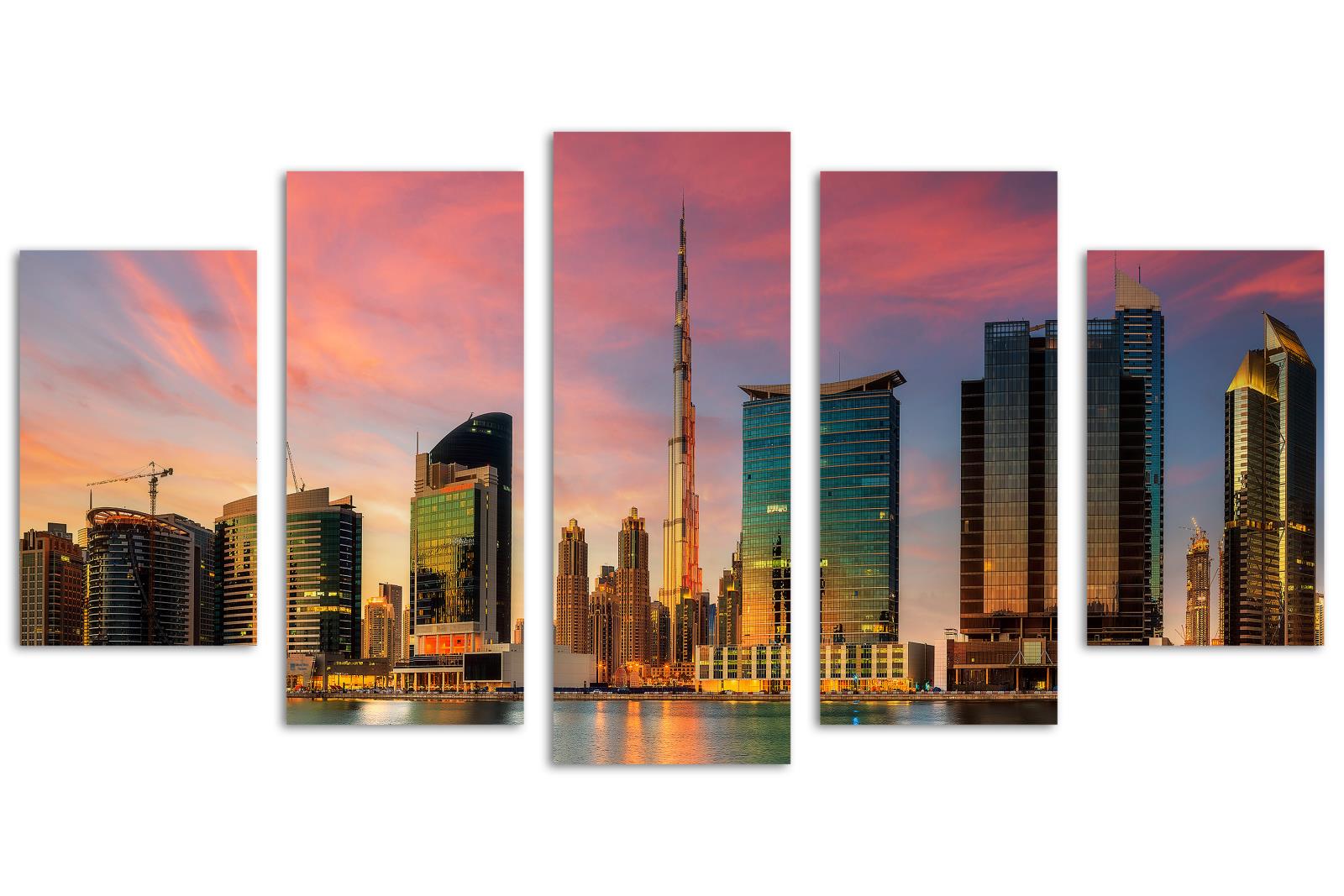 Dubai Burj Khalifa Skyline Wall Art Canvas Print pink sky 5 Panel Dia ...