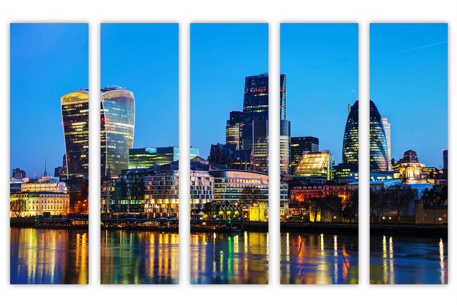 London FIDI Skyline. Canvas Print Wall Art - 5 Panel Split. Evening ...