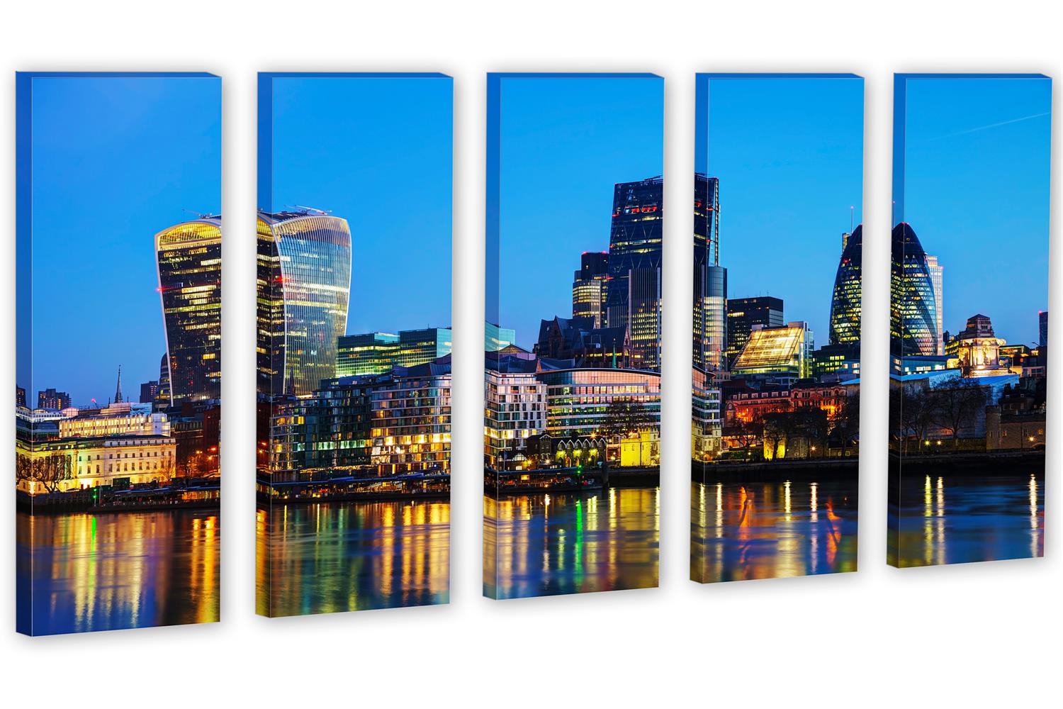 London FIDI Skyline. Canvas Print Wall Art - 5 Panel Split. Evening ...
