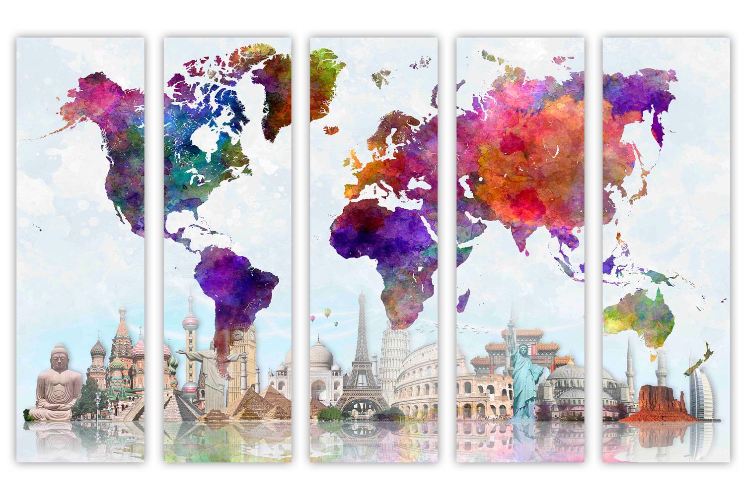 Colorful Travel The World Map Canvas Print - 5 Panel Split Wall Art ...