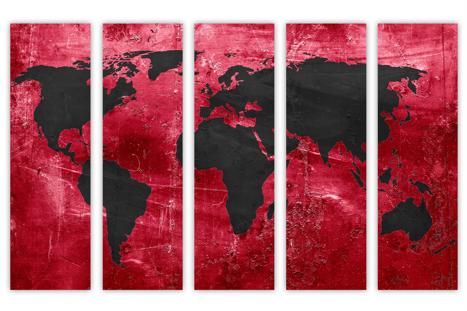 Red & Black World Map Canvas Print - 5 Panel Split Wall Art. Interior ...