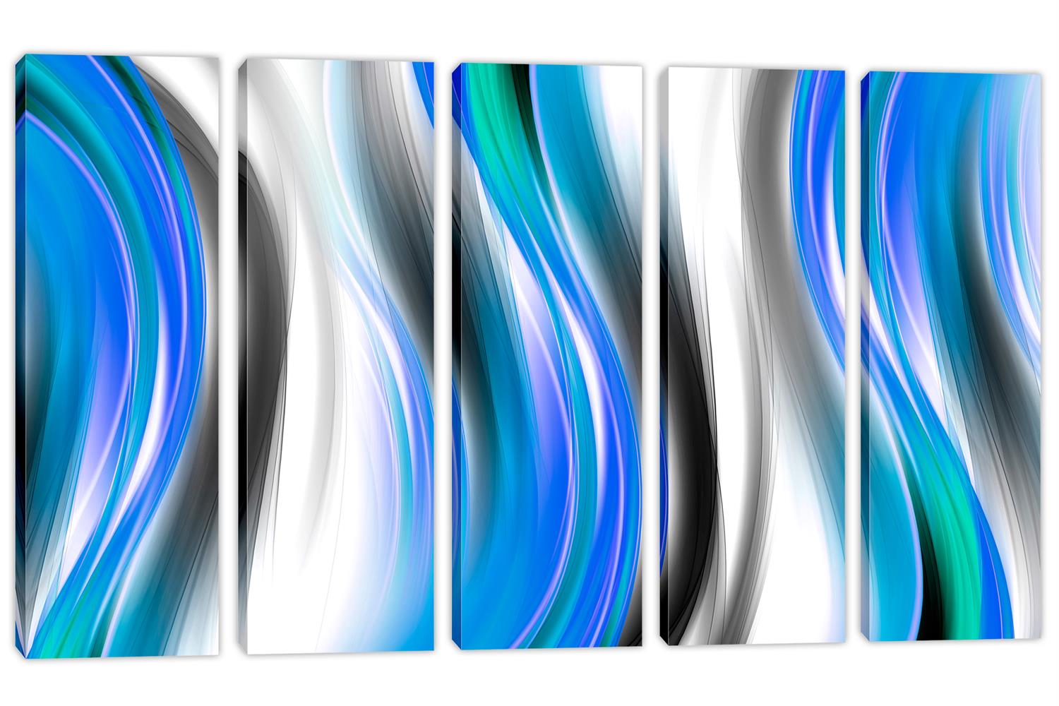 Blue Wave Abstract Art Canvas Print Wall Art - Vertical Wave 5 Panel ...