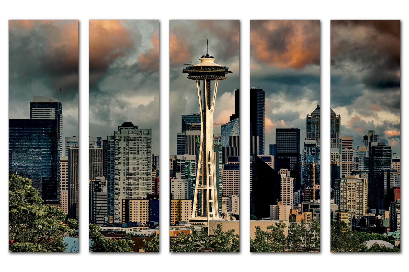 Seattle Skyline Canvas Print Wall Art dramatic 5 Panel Split Seattle ...