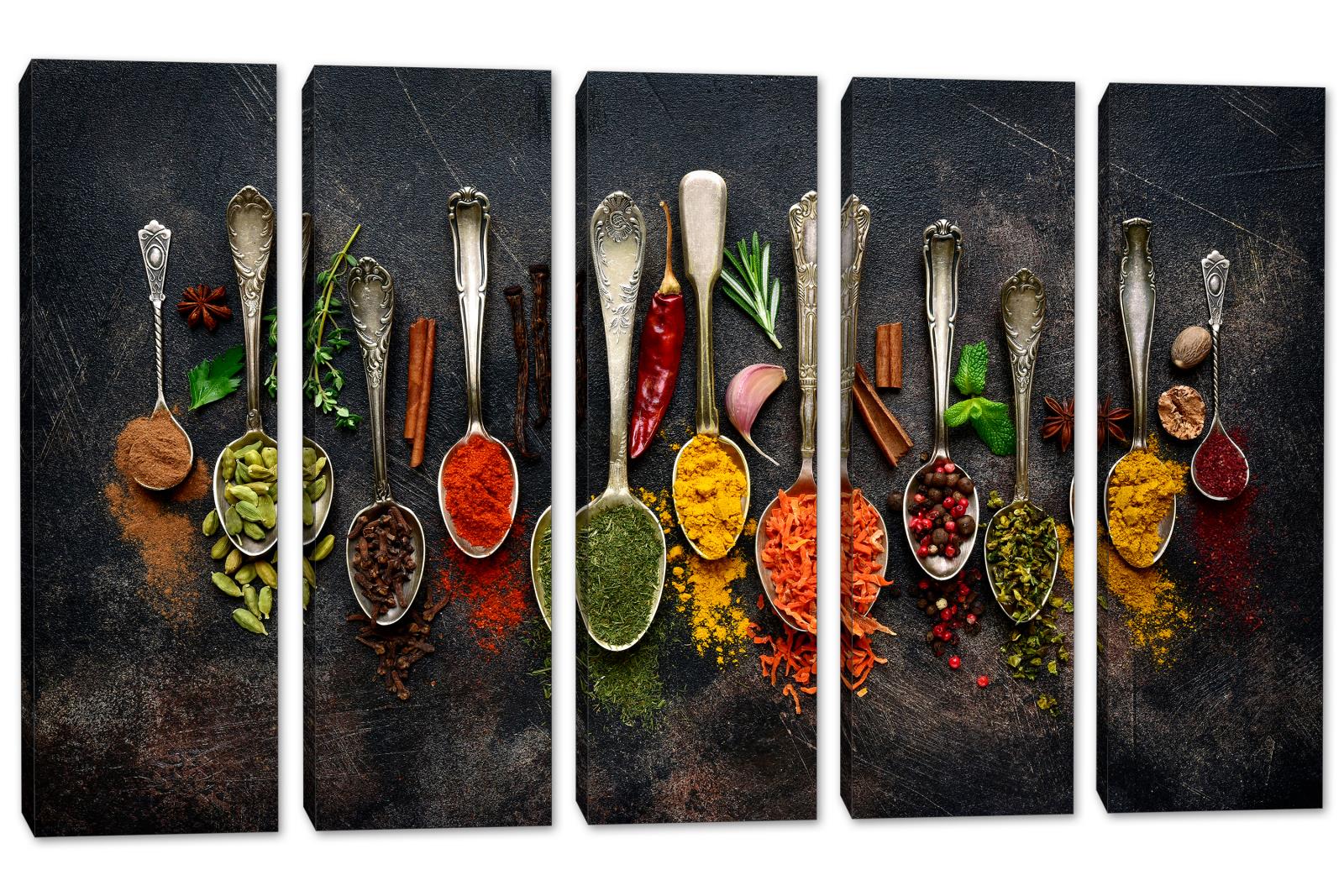 Herbs & Spice Wall Art Canvas Print on black 5 Panel Split Spoons, He ...