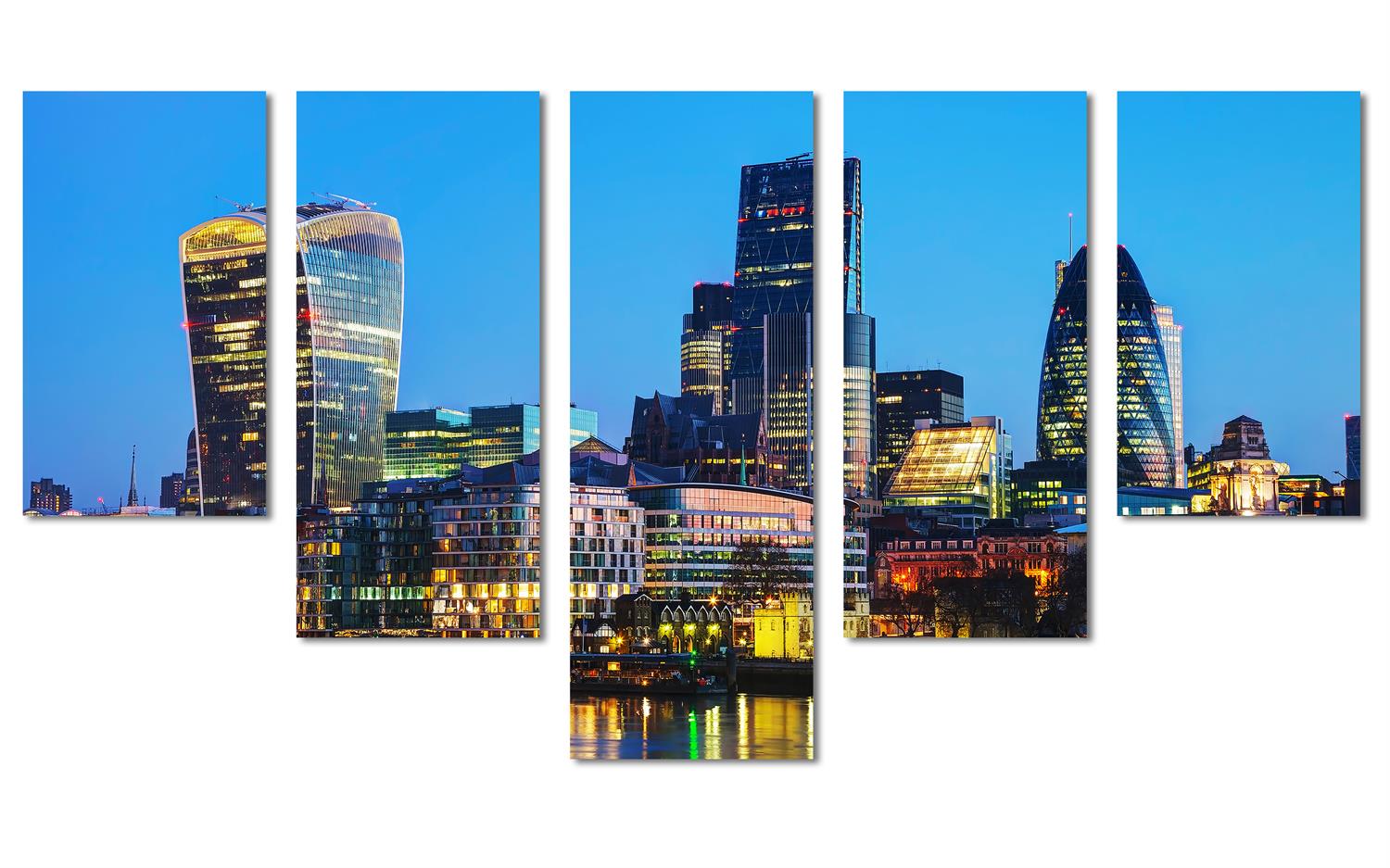 London FIDI Skyline. Canvas Print Wall Art - 5 Panel Waterfall Split ...