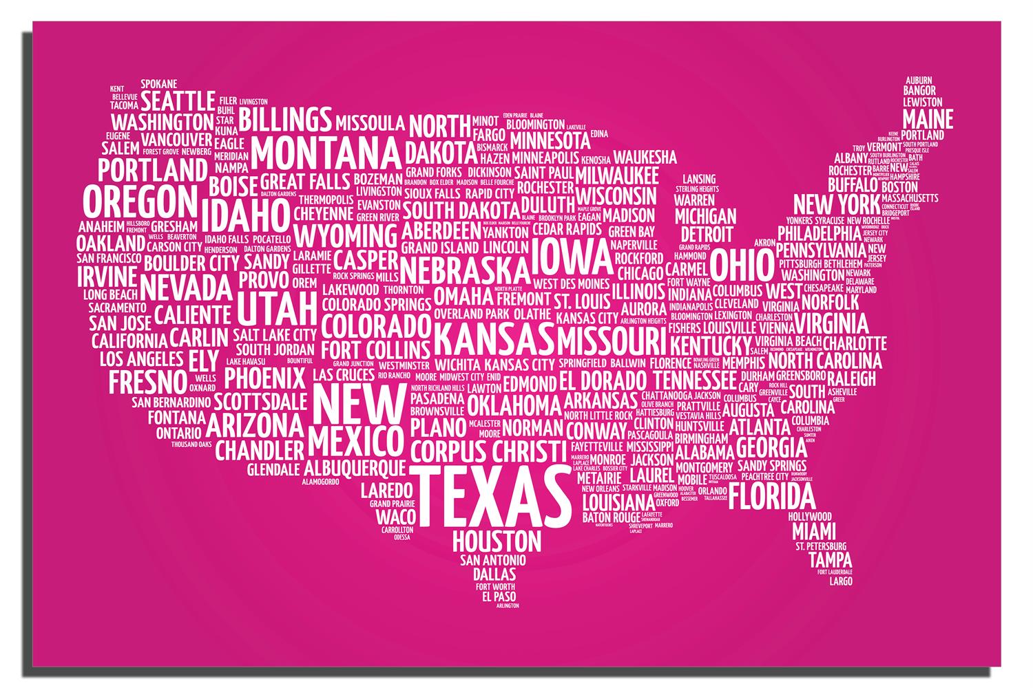 Hot Pink USA Map Metal Print. Wall Art - HD aluminum print | Canvas Quest