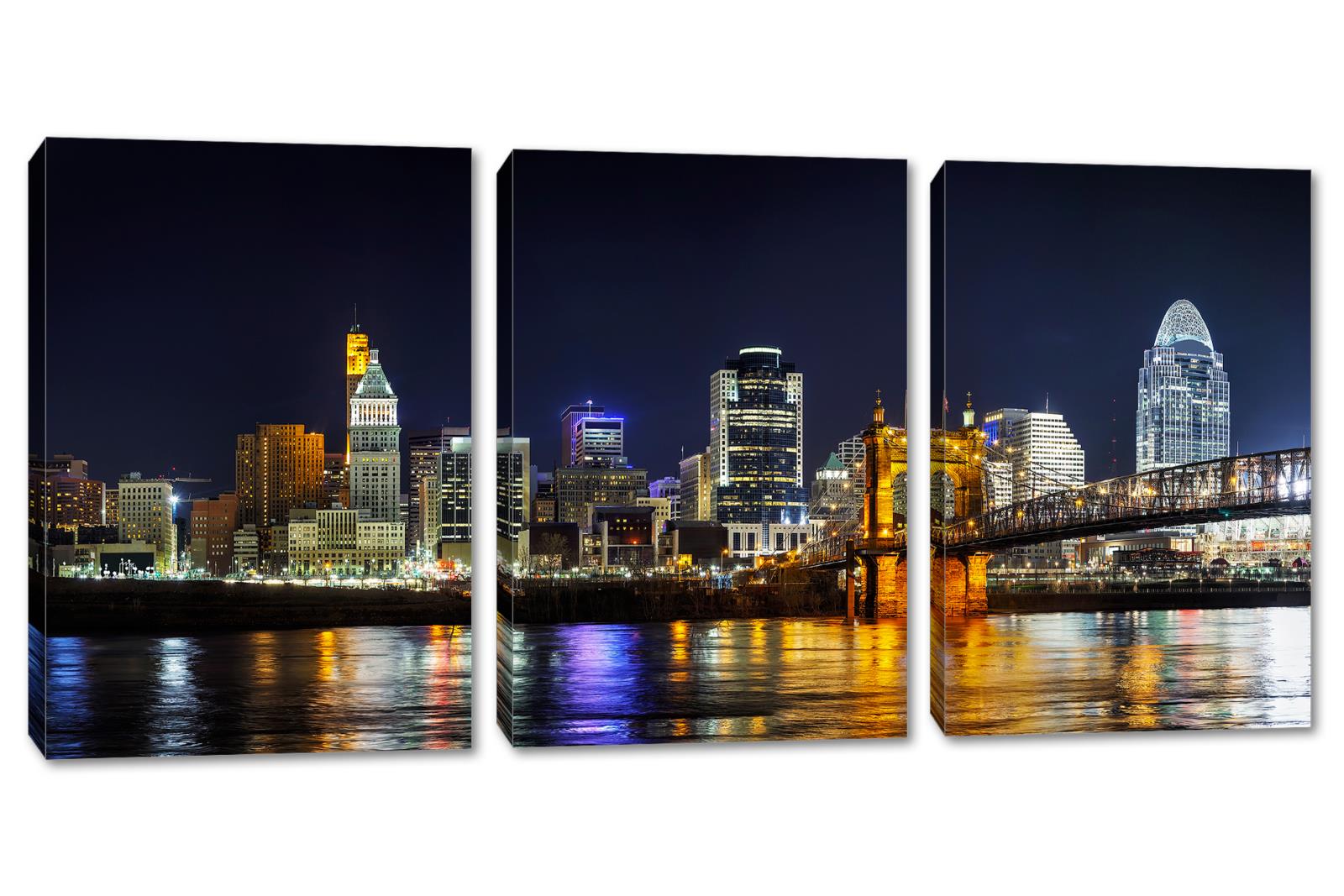 Cincinnati Ohio Skyline at night Canvas Print. 3 Panel Split, Triptych ...