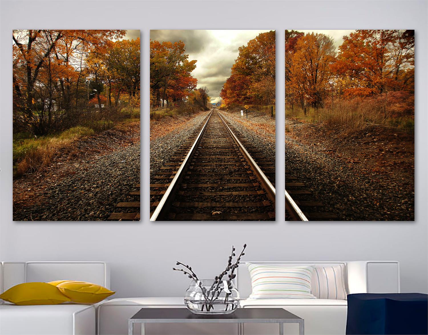 Train Tracks in fall Wall Art Canvas Print. 3 Panel Split, Triptych ...