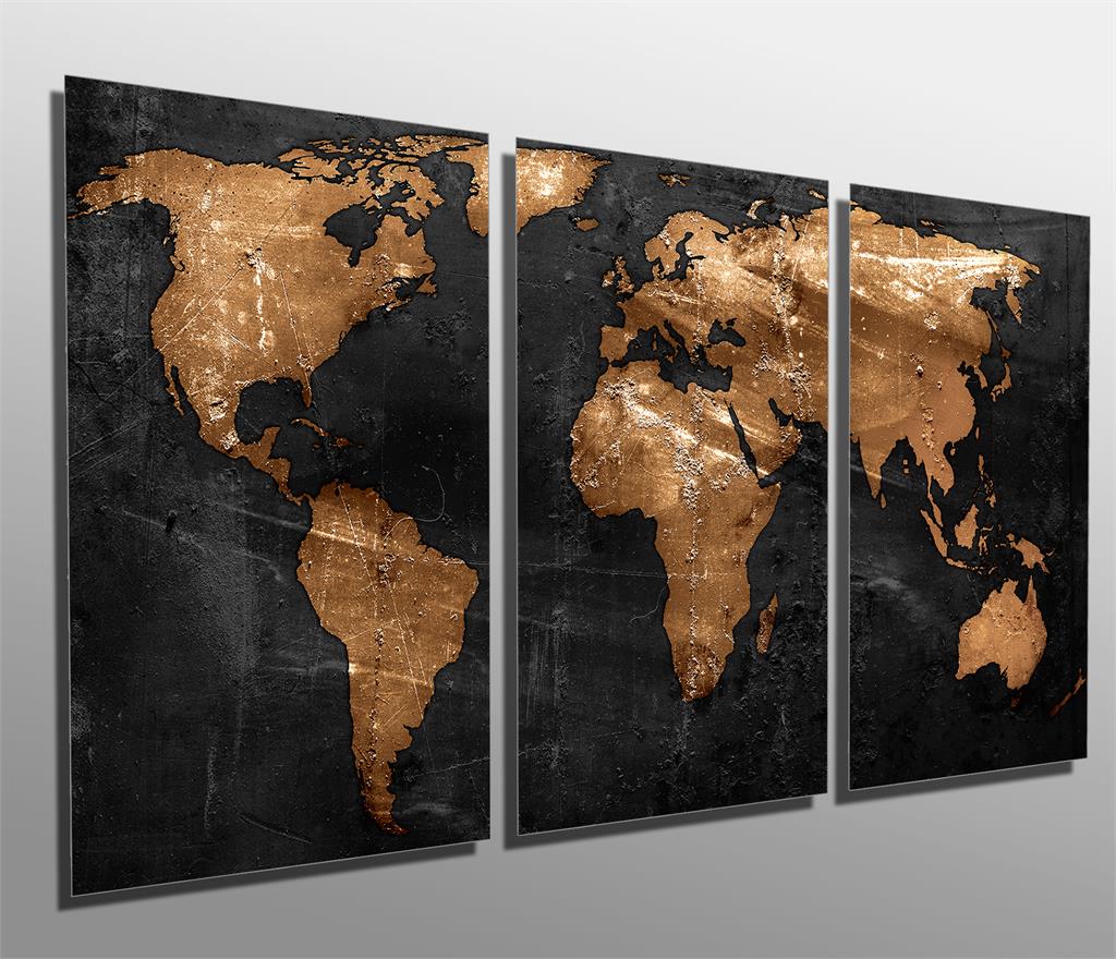 Bronze Black World Map Metal print wall art. 3 Panel split, Triptych ...