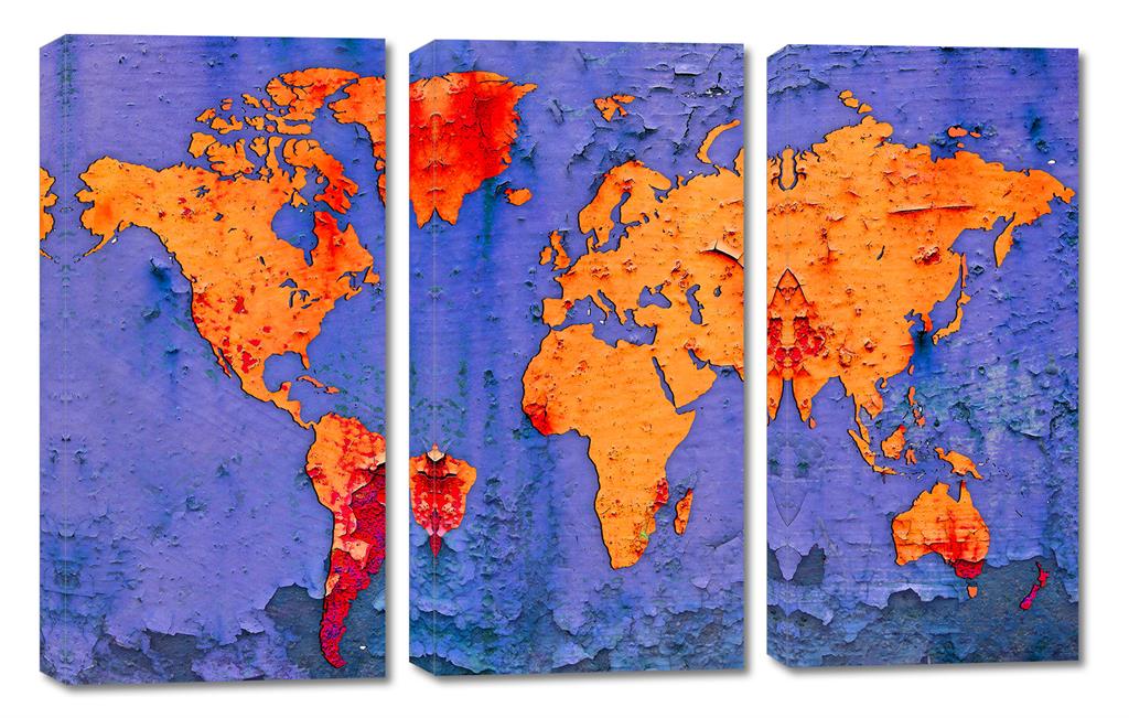 Slate Blue and Orange World Map. Canvas Print - 3 panel split, Triptych ...