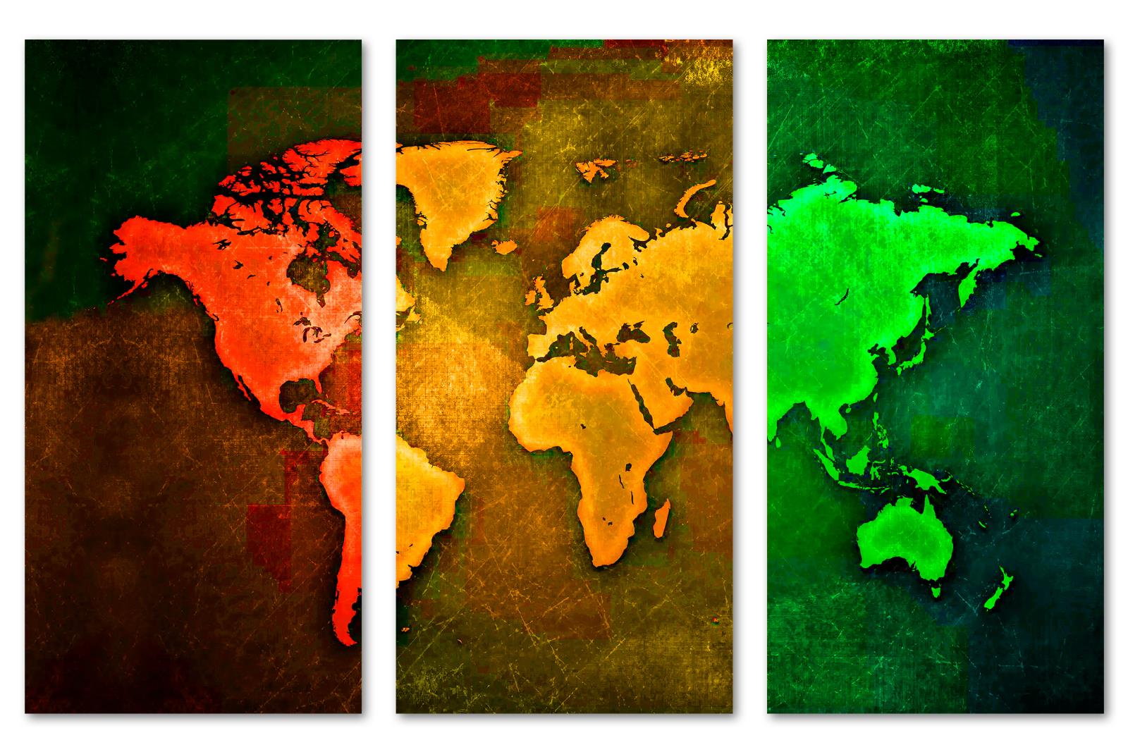 Color World Map, Pop Art Canvas Print 3 panel split, Triptych Wall Art ...