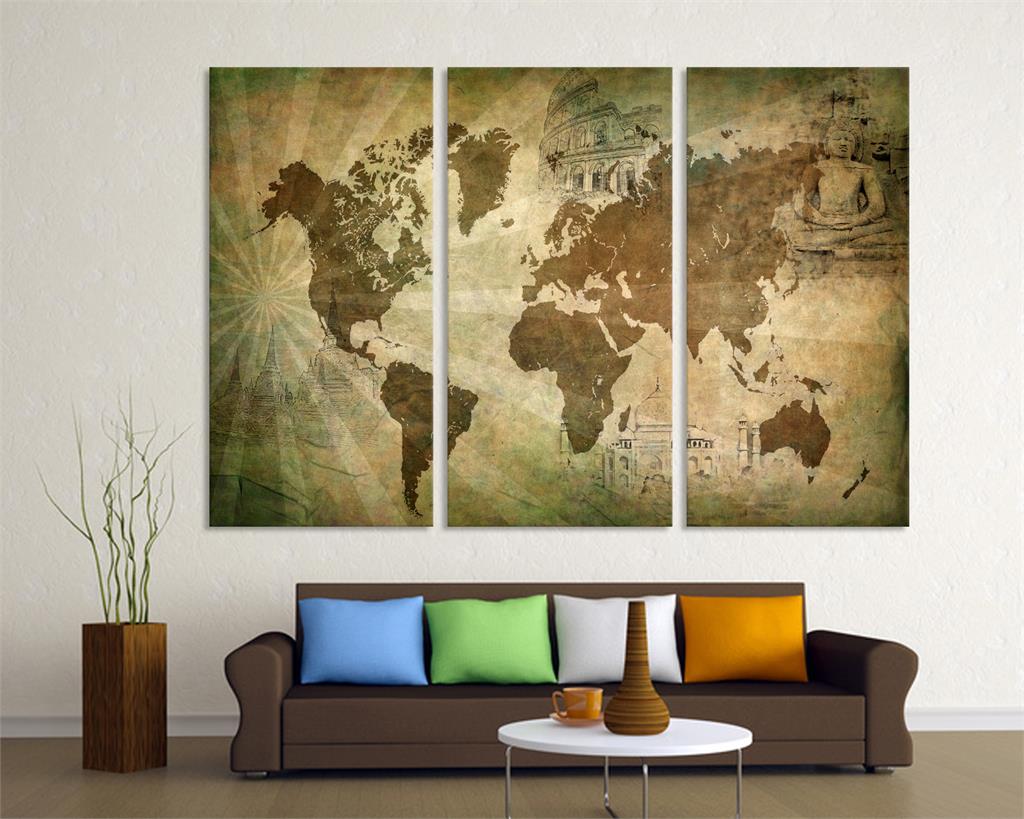 Landmarks World Map - Canvas Print Wall Art. 3 Panel Split, Triptych ...