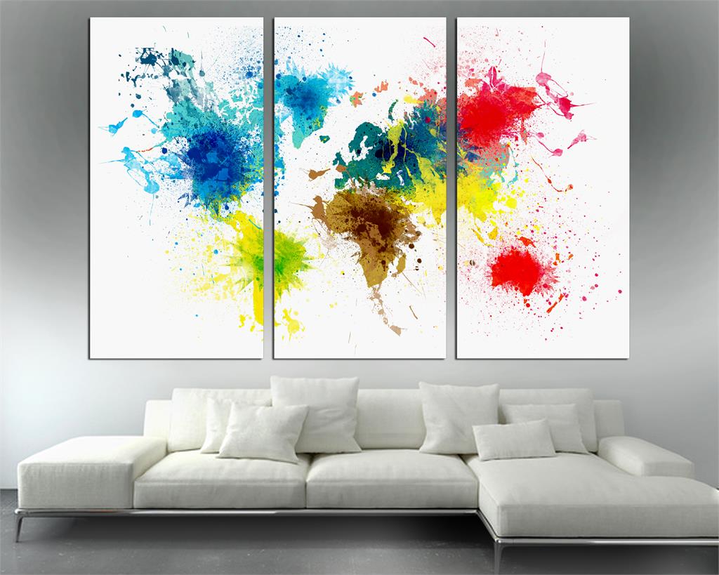 Colorful World Map Canvas Print 3 Panel Split, Triptych Wall Art for ...