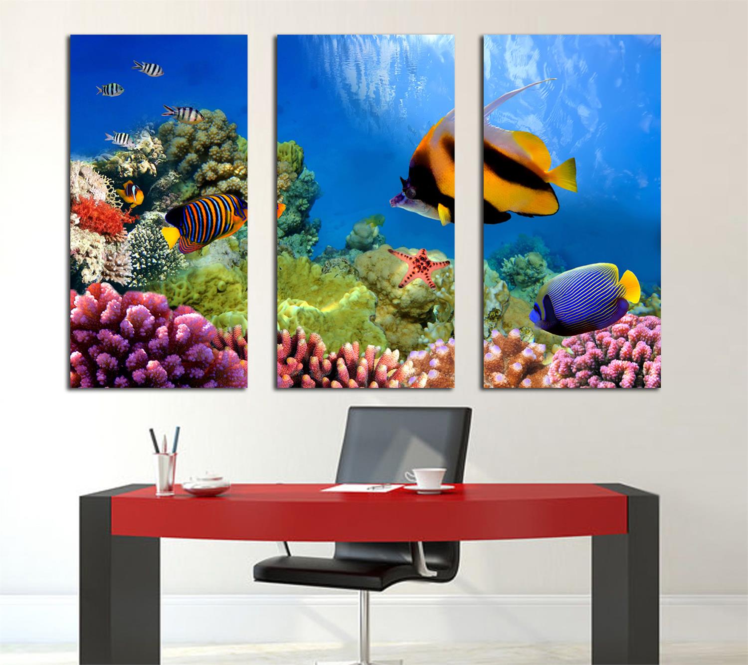 Marine Life, Coral Reef Canvas Print. 3 Panel Split, Triptych Wall Art ...