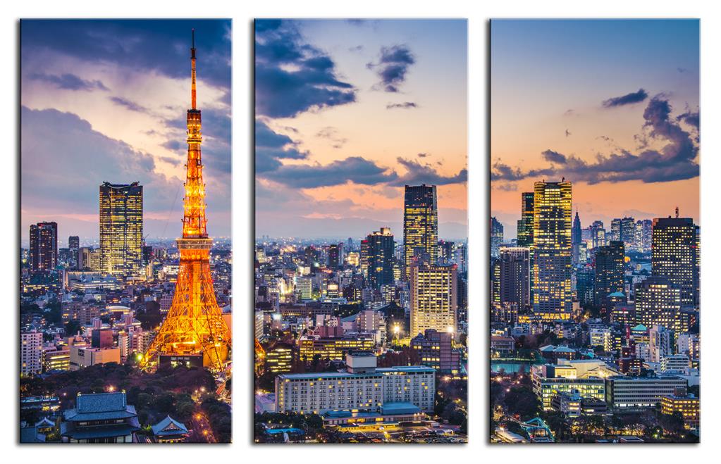 Tokyo, Japan Evening Skyline Canvas Print Wall Art. 3 panel split ...