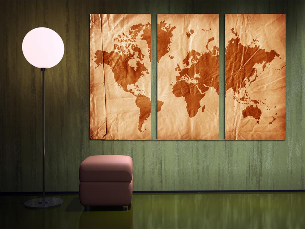 Vintage World Map Canvas Print. 3 Panel Split, Triptych. Wall Art ...