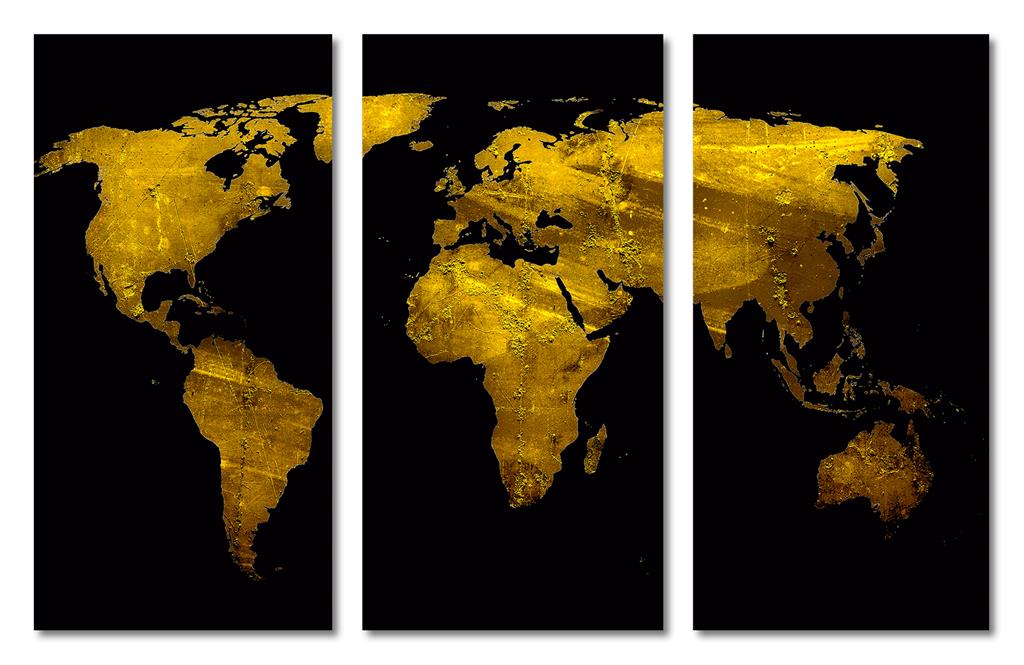 Black & Gold World Map Canvas Print Wall Art. 3 Panel Split, Triptych ...