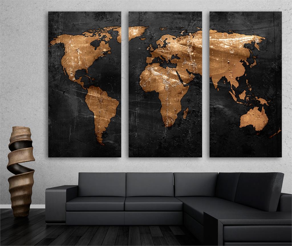 Black, Bronze World Map Canvas Print Wall Art. 3 Panel Split, Triptych ...