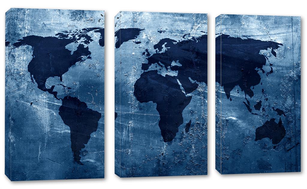 Blue World Map Canvas Print Wall Art. 3 Panel Split, Triptych Abstract ...