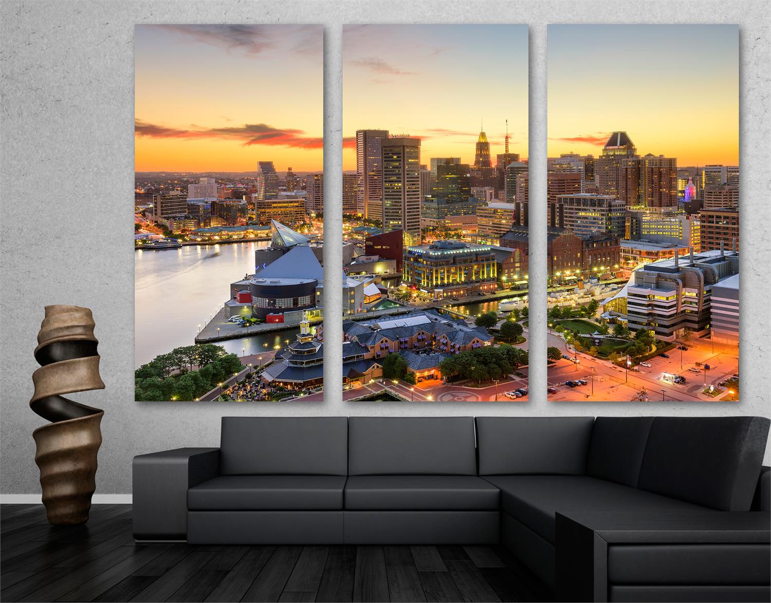 Baltimore MD Skyline Wall Art Canvas Print 3 Panel Split, Triptych ...