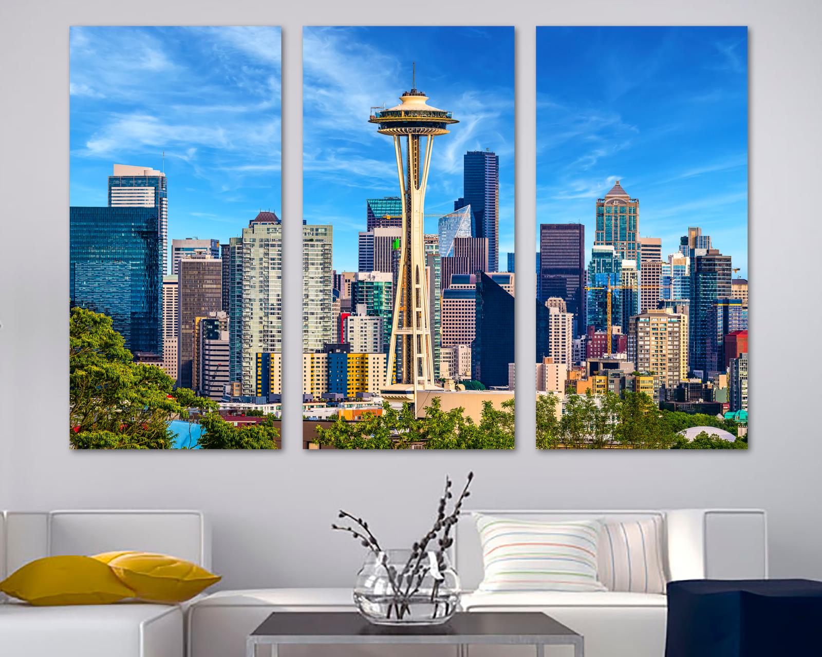 Seattle Skyline Canvas Print Wall Art blue skies 3 Panel Split Seattle ...