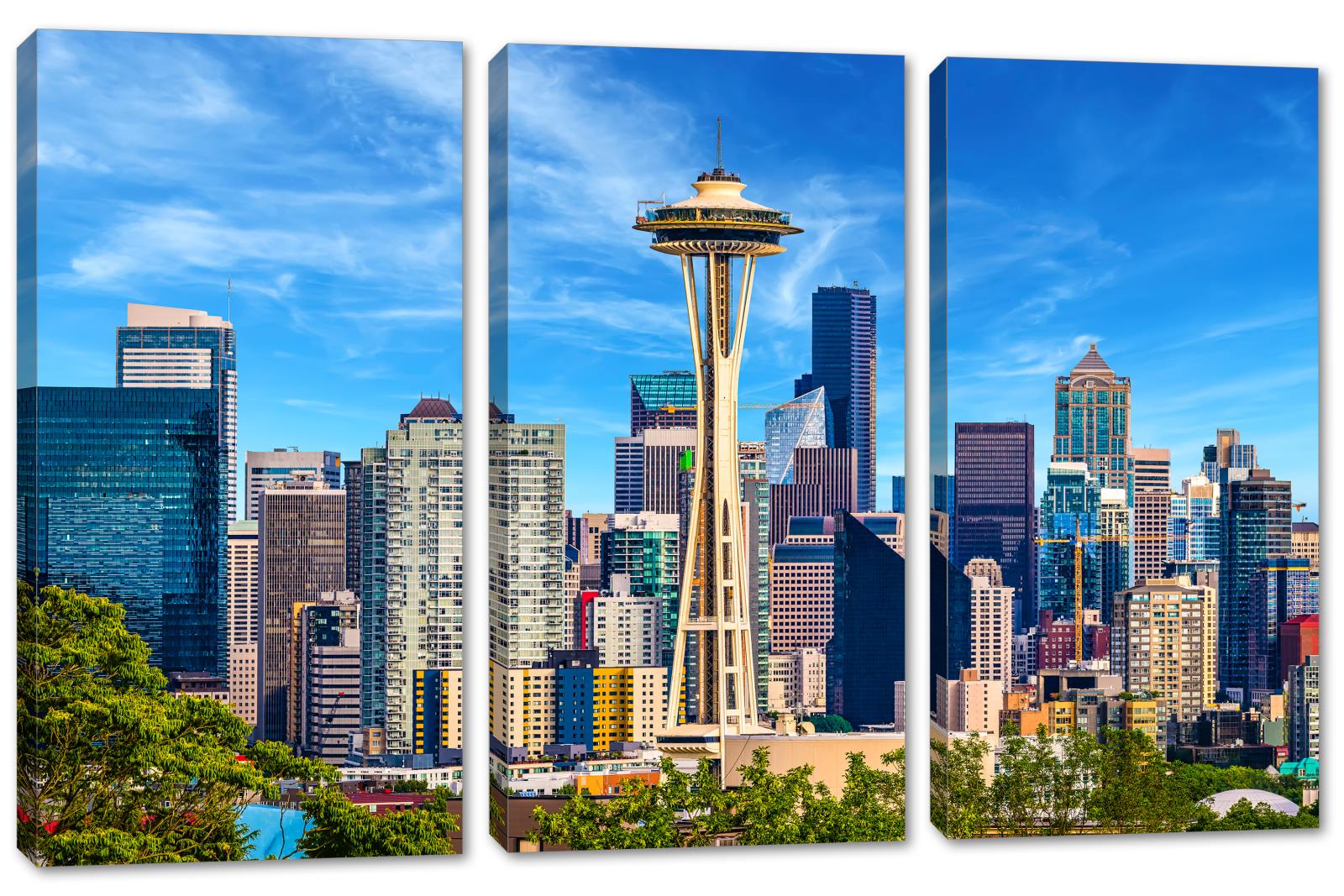 Seattle Skyline Canvas Print Wall Art blue skies 3 Panel Split Seattle ...